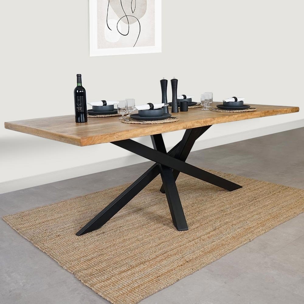 Table de salle à manger en bois massif à pied mikado en métal