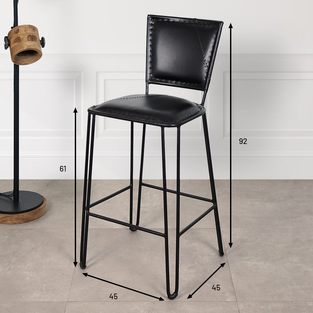 Chaise haute de cuisine vintage métal et cuir noir - Smart